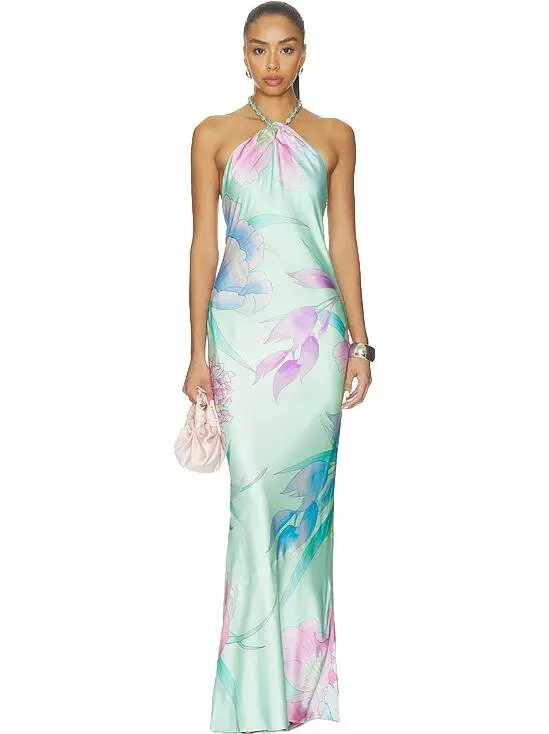 Retrofete Anat Floral Satin Halter Gown - Mint