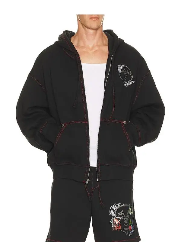 True Religion Buddha Face Big T Boxy Zip Up Hoodie In . Also - Black