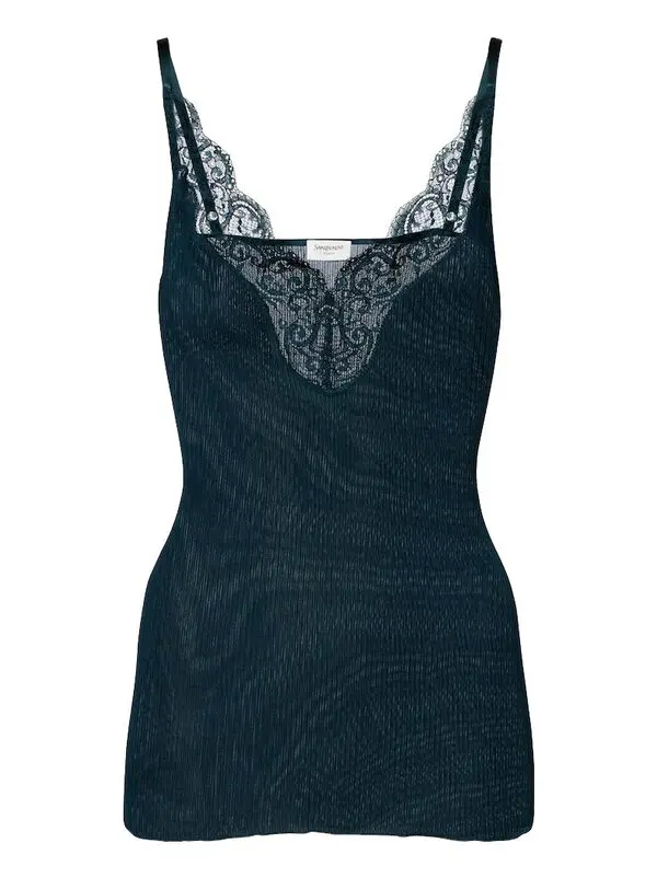 Saint Laurent Lace-trimmed Ribbed Silk Top - Green