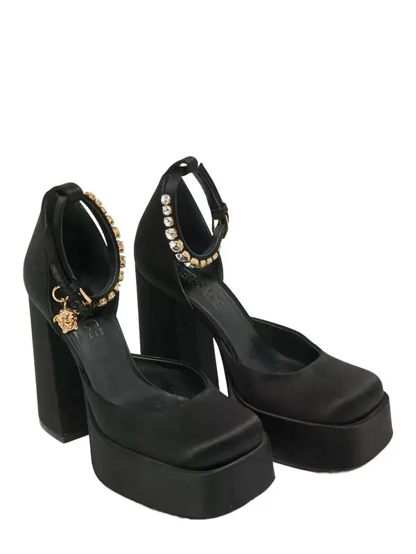 Versace Satin Platform Pumps With Crystal Embellishment - Black