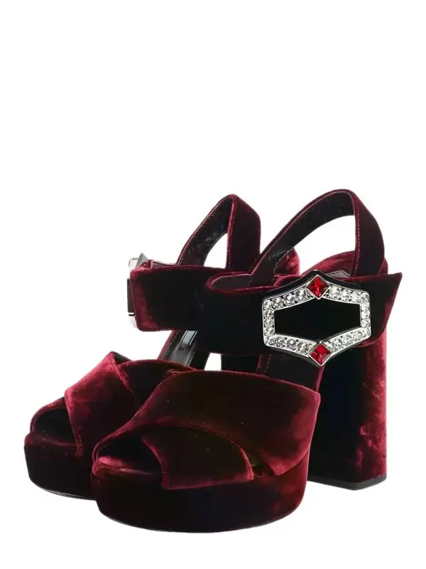 Prada Velvet Embellished Block Heel Sandals - Red