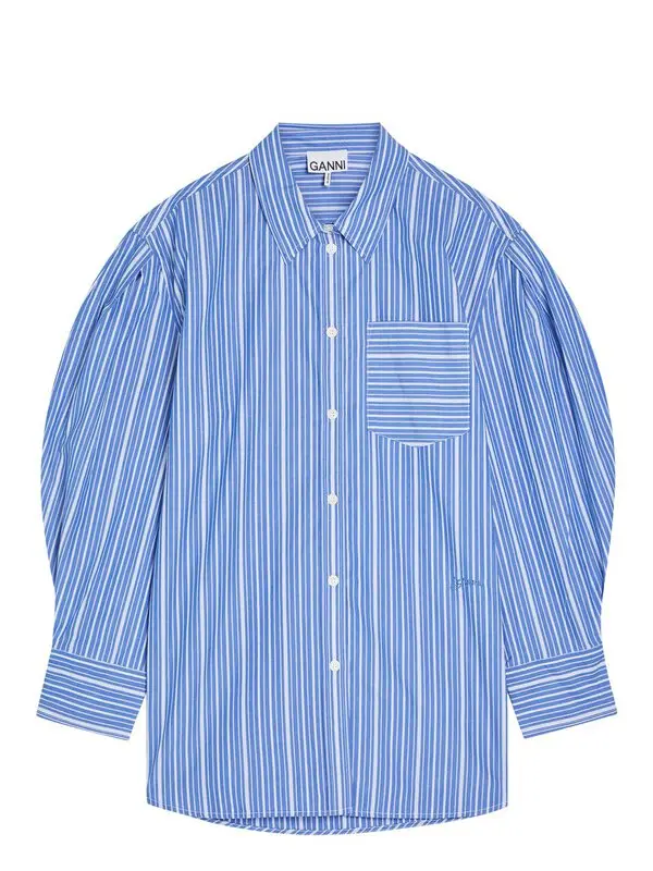 GANNI Striped Organic Cotton Poplin Shirt With Puff Sleeves - Navy