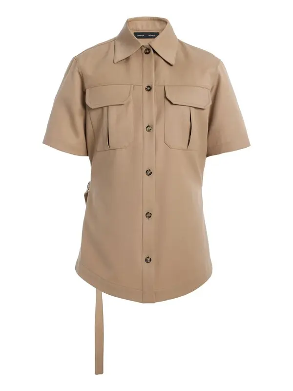 Proenza Schouler Nali Wool Gabardine Short Sleeve Shirt - Khaki