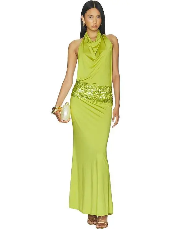 LOBA Sequined Waist Halterneck Gown - Green