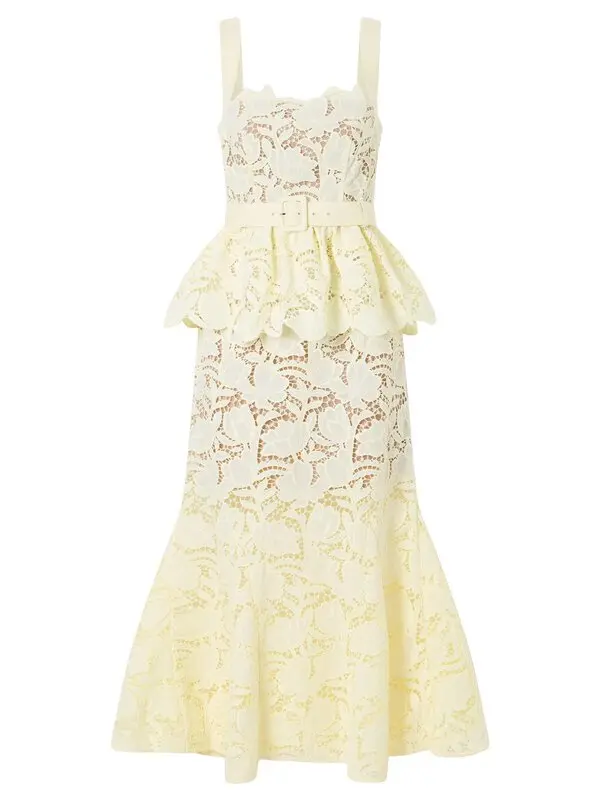 SELF-PORTRAIT Belted Floral Lace Peplum Midi Dress - Yellow
