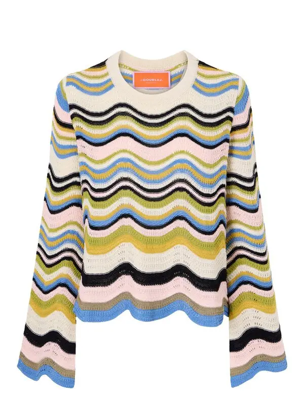 La DoubleJ Scalloped Striped Crocheted Cotton T-shirt - Blue