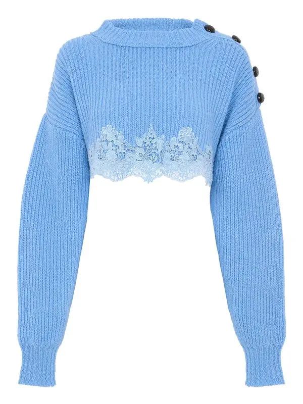 Chloé Cropped Merino Wool Jumper With Guipure Lace Detail - Breezy Blue
