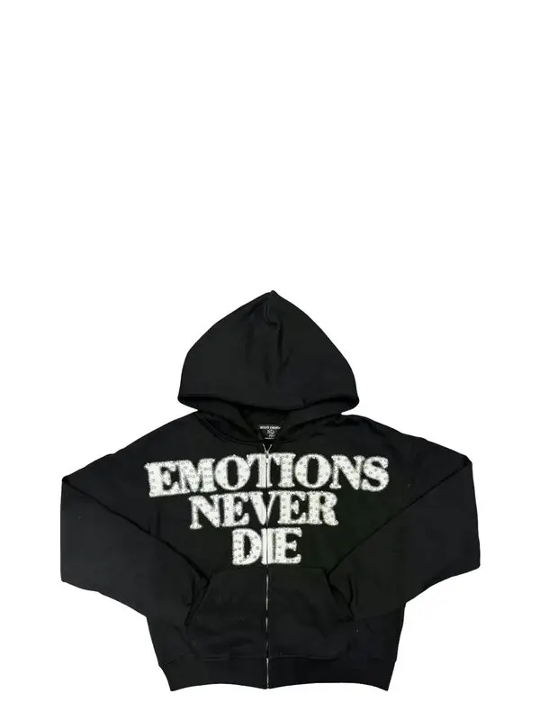 Mixed Emotion Rhinestone Embellished Zip-up Hoodie - Black