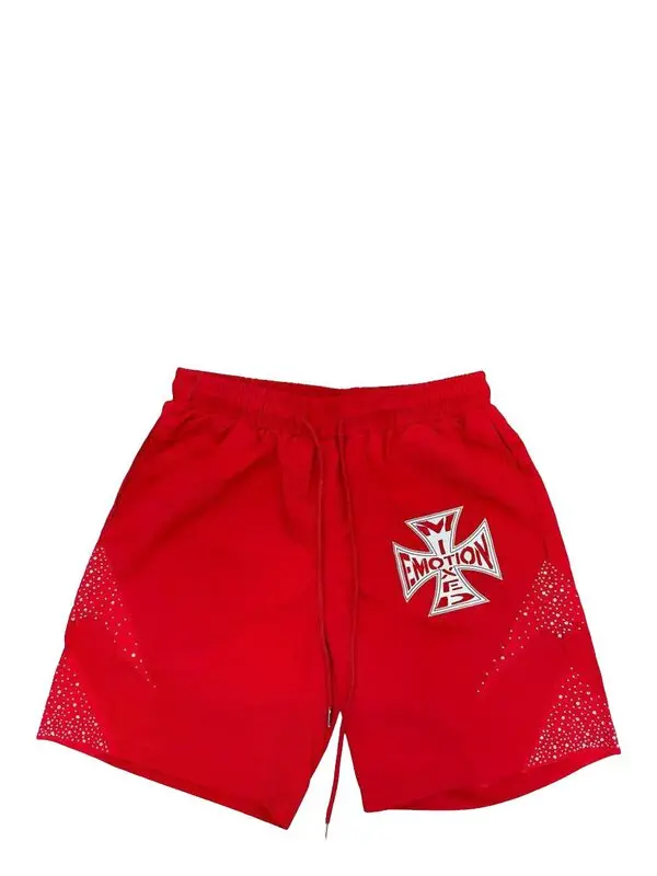 Mixed Emotion Logo Print Rhinestone Embellished Shorts - Red