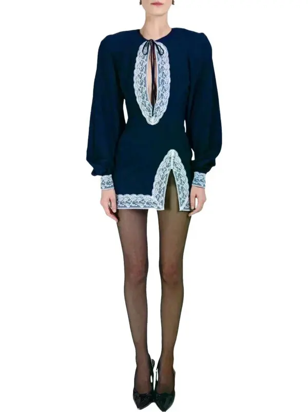 ROWEN ROSE Lace Trim Keyhole Detail Dress - Blue