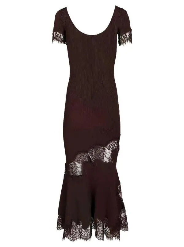 SELF-PORTRAIT Lace-trimmed Ribbed Midi Dress - Brown
