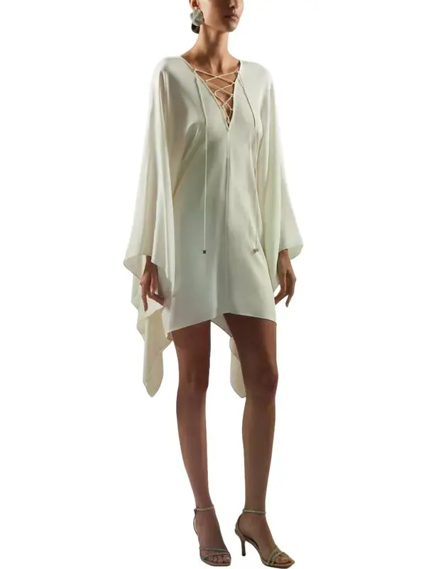 TALLER MARMO Sahara Lace-up Kaftan Mini Dress - Neutrals
