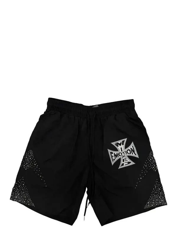 Mixed Emotion Logo Print Rhinestone Embellished Shorts - Black