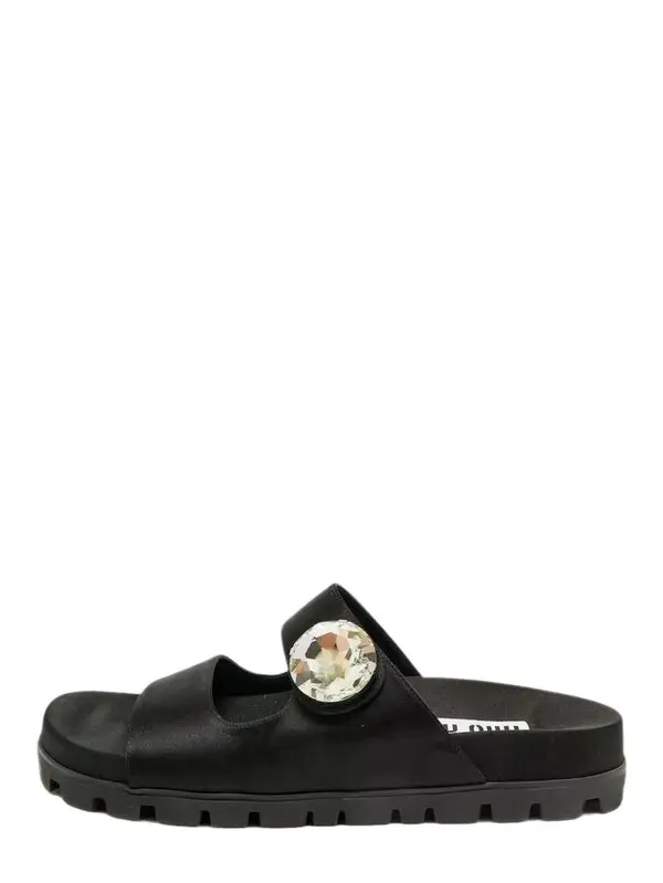 Miu Miu Satin Crystal Embellished Flat Sandals - Black