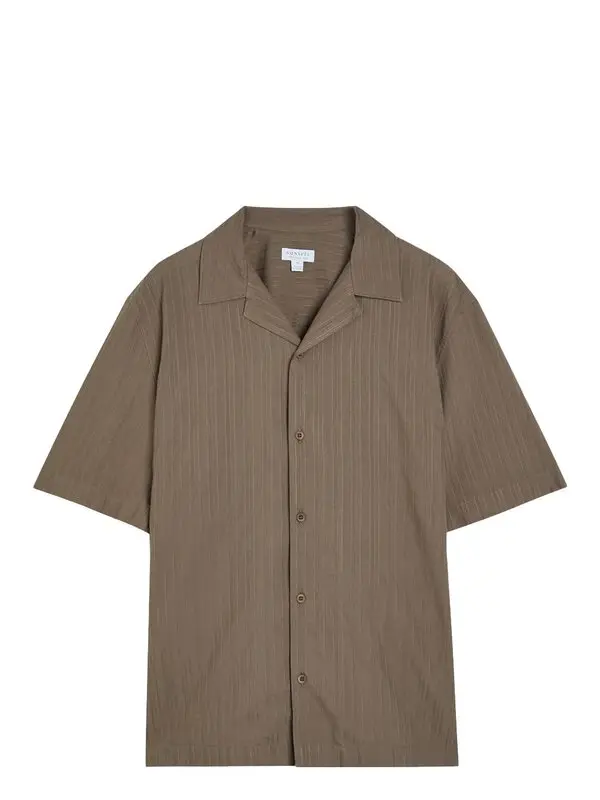 Sunspel Striped Embroidered Cotton Shirt - Brown