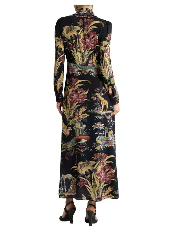 Etro Long-sleeved Printed Viscose Crepe De Chine Maxi Dress With Scarf Detail - Black