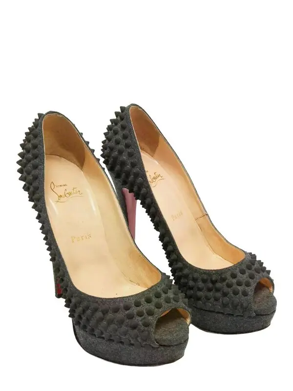 CHRISTIAN LOUBOUTIN Wool Spike Embellished Peep-toe Pumps - Grey