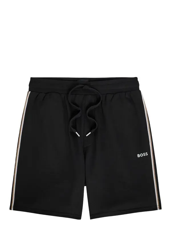 BOSS Embroidered Logo Cotton Shorts With Signature Stripe Trims - Black