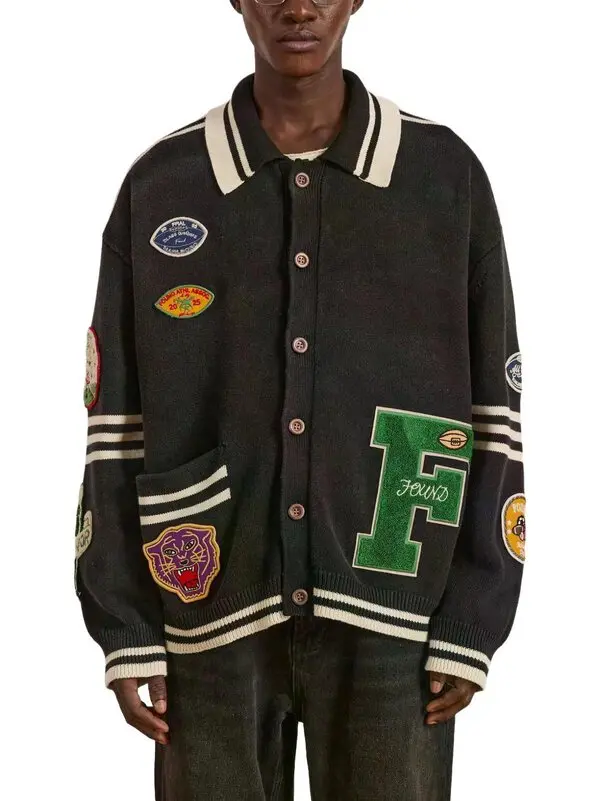 FOUND Patch-detail Striped Cardigan - Black