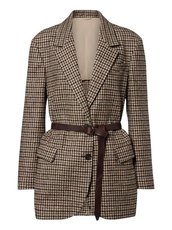 Brunello Cucinelli Belted Checked Wool And Alpaca-blend Jacket - Brown