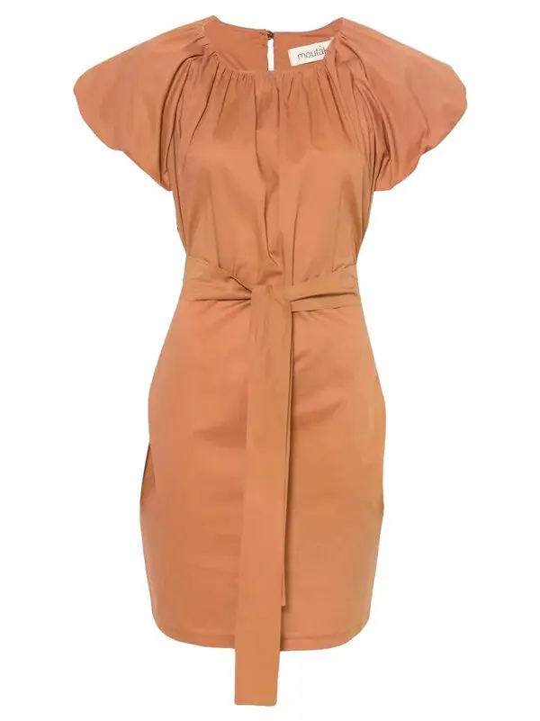 MOUTAKI Belted Puff-sleeve Mini Dress - Brown