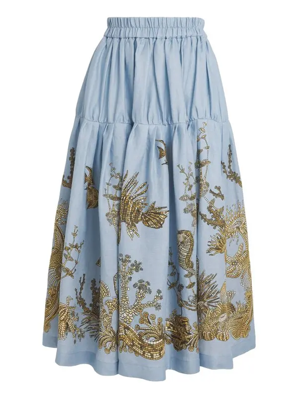 La DoubleJ Linen Gala Tiered Midi Skirt - Blue
