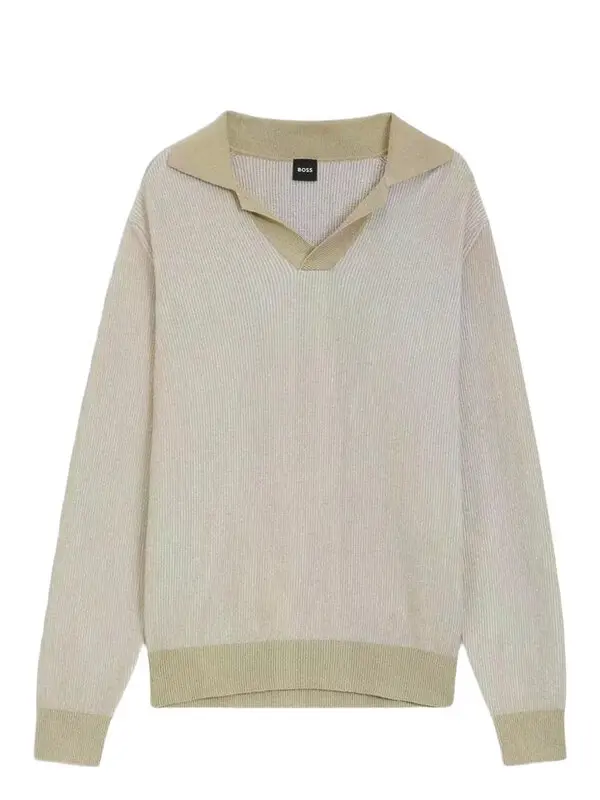 BOSS Ribbed Knit Open Collar Sweater - Neutrals