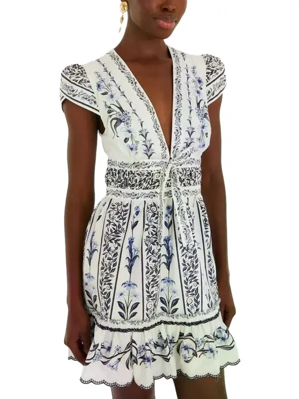 Farm Rio Floral Print V-neck Mini Dress - White