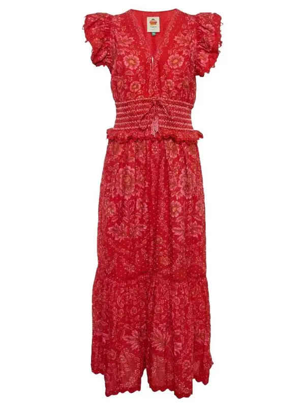Farm Rio Floral Print Ruffled Maxi Dress - Red