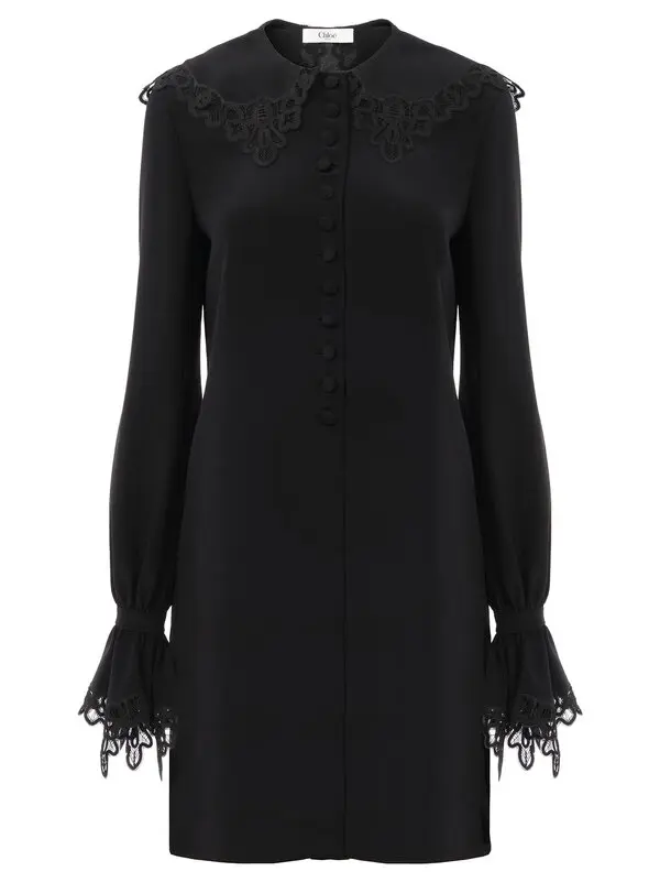 Chloé Long Sleeve Mini Dress With Lace Inserts - Black