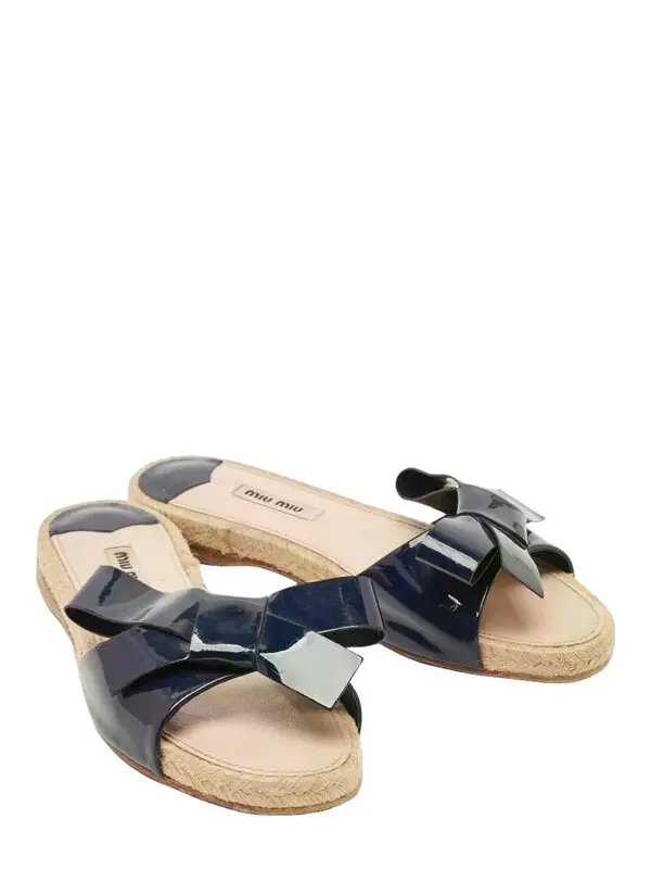Miu Miu Patent Leather Bow Detail Espadrille Slides - Blue
