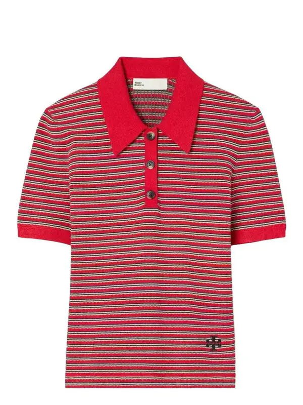 Tory Burch Striped Viscose Polo - Red