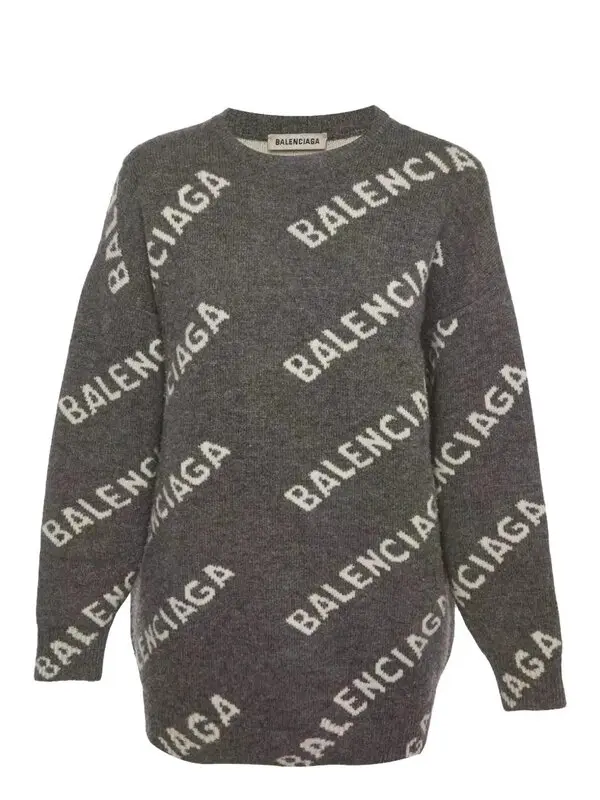 Balenciaga Intarsia-knit Logo Motif Wool Sweater - Grey