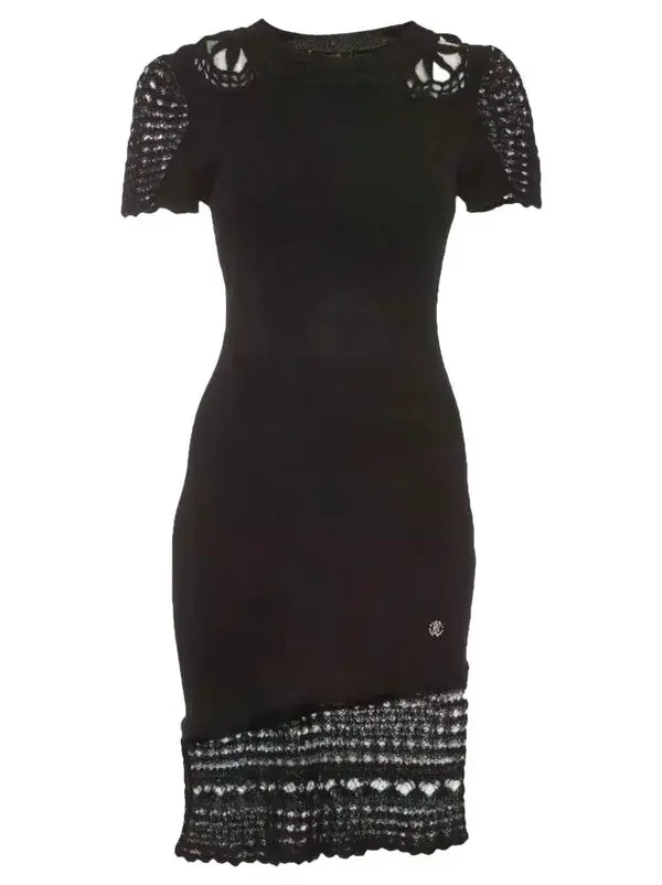 Roberto Cavalli Short-sleeved Mini Dress With Open-knit Panels - Black