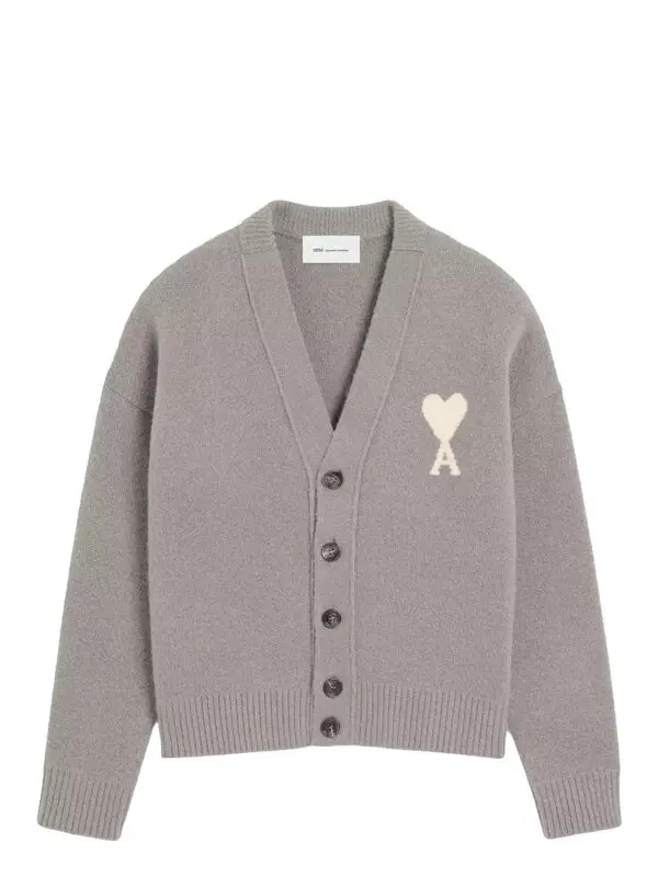 AMI Paris Alpaca V-neck Cardigan With De Coeur - Grey