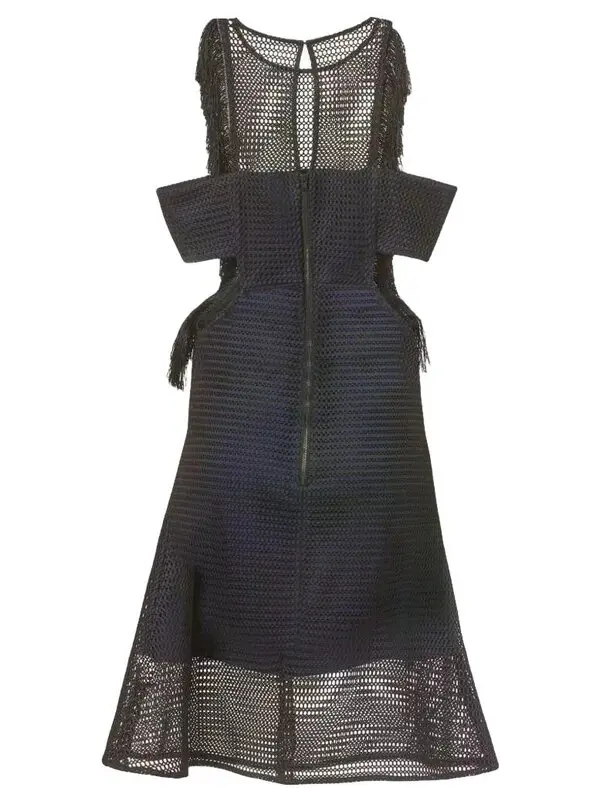 SELF-PORTRAIT Mesh Fringe Midi Dress - Black