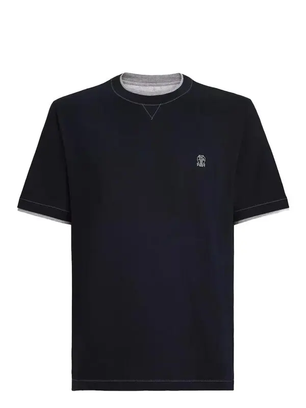 Brunello Cucinelli Logo-embroidered Contrast-trim T-shirt - Blue