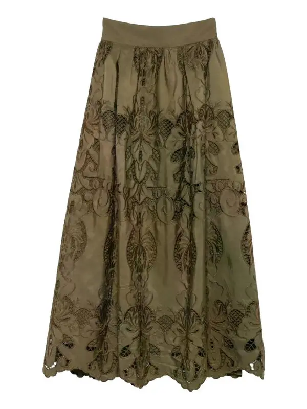 MOUTAKI Broderie Anglaise Flared Midi Skirt - Green