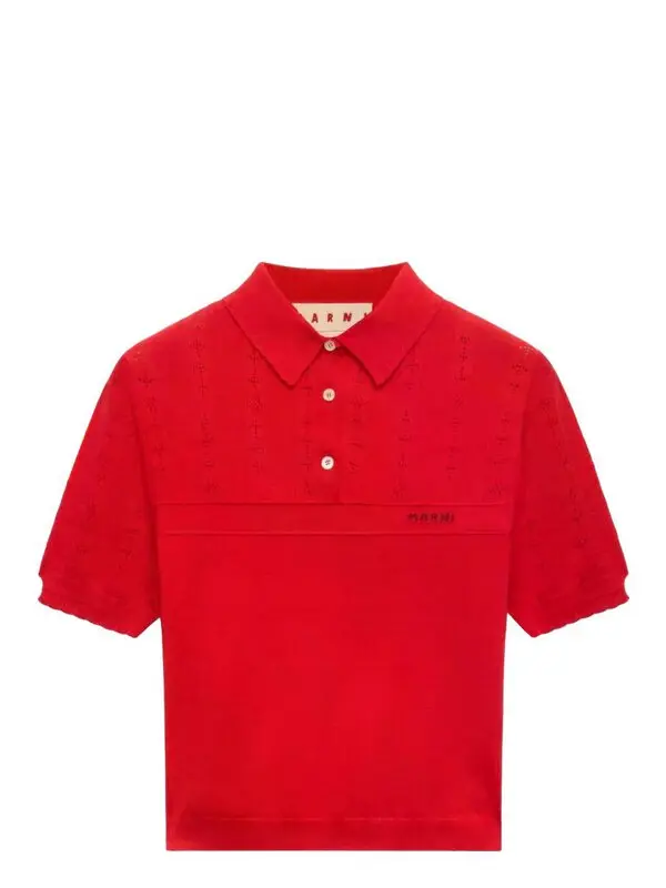 Marni Pointelle-knit Scalloped-trim Polo Top - Red