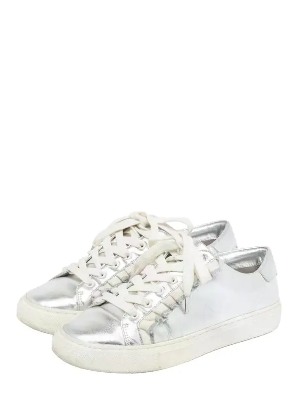 Tory Burch Leather Lace-up Sneakers With Ruffle Trim - Silver