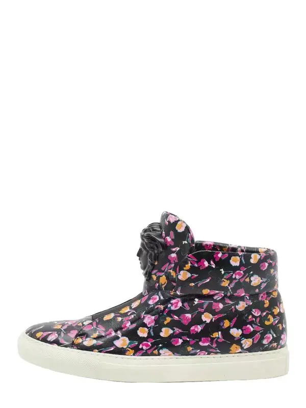 Versace Floral Print Leather High Top Sneakers - Black