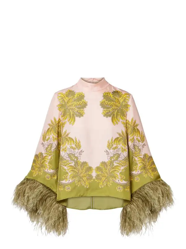 La DoubleJ Make An Exit Feather-trimmed Silk Twill Top - Multicoloured