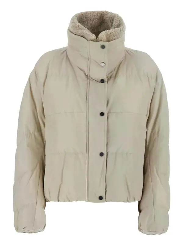 Brunello Cucinelli Techno Cotton Taffeta Down Jacket With Detachable Shearling And Monili - Neutrals