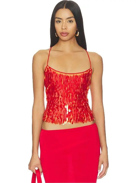 WITH HARPER LU Sequin Embellished Mesh Backless Top - Orange