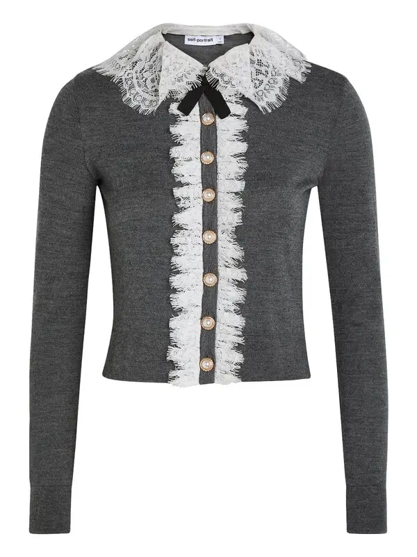 SELF-PORTRAIT Lace-trimmed Wool Cardigan With Detachable Collar - Grey