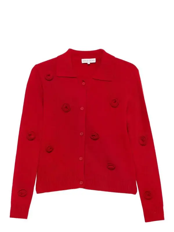 Stine Goya Floral Appliqué Polo Cardigan - Red