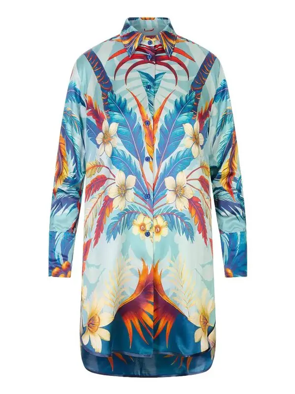 F.R.S FOR RESTLESS SLEEPERS Floral Print Silk Shirt Mini Dress - Blue
