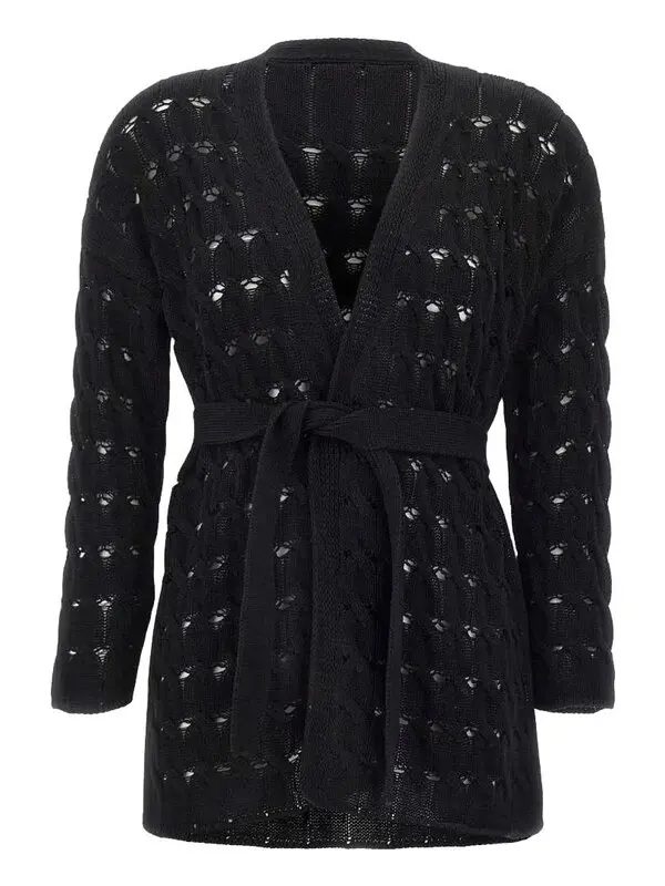 KANGRA Cotton Cable And Open Knit Belted Cardigan - Black