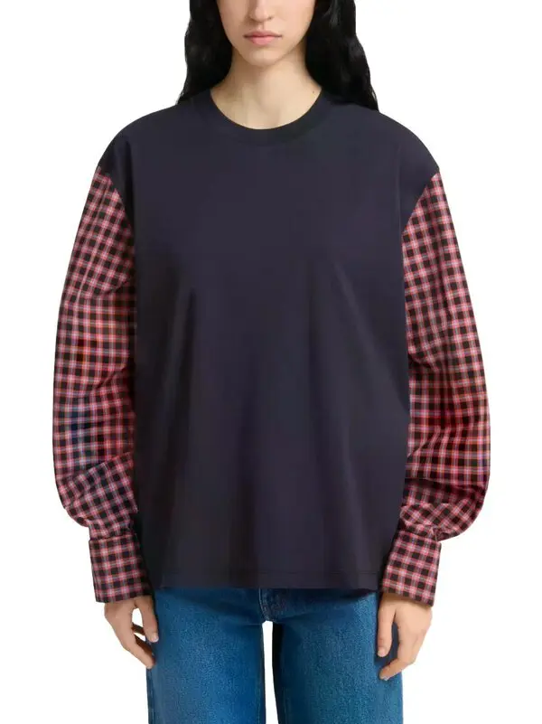 Marni Deep Cotton T-shirt With Checked Shirt Sleeves - Blue