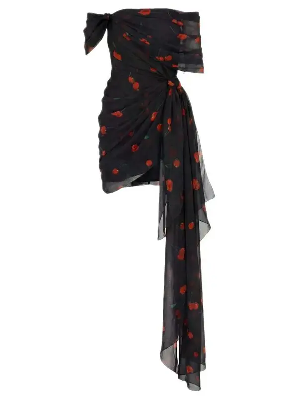 Monse Cherry Print Asymmetric Neck Mini Dress - Black